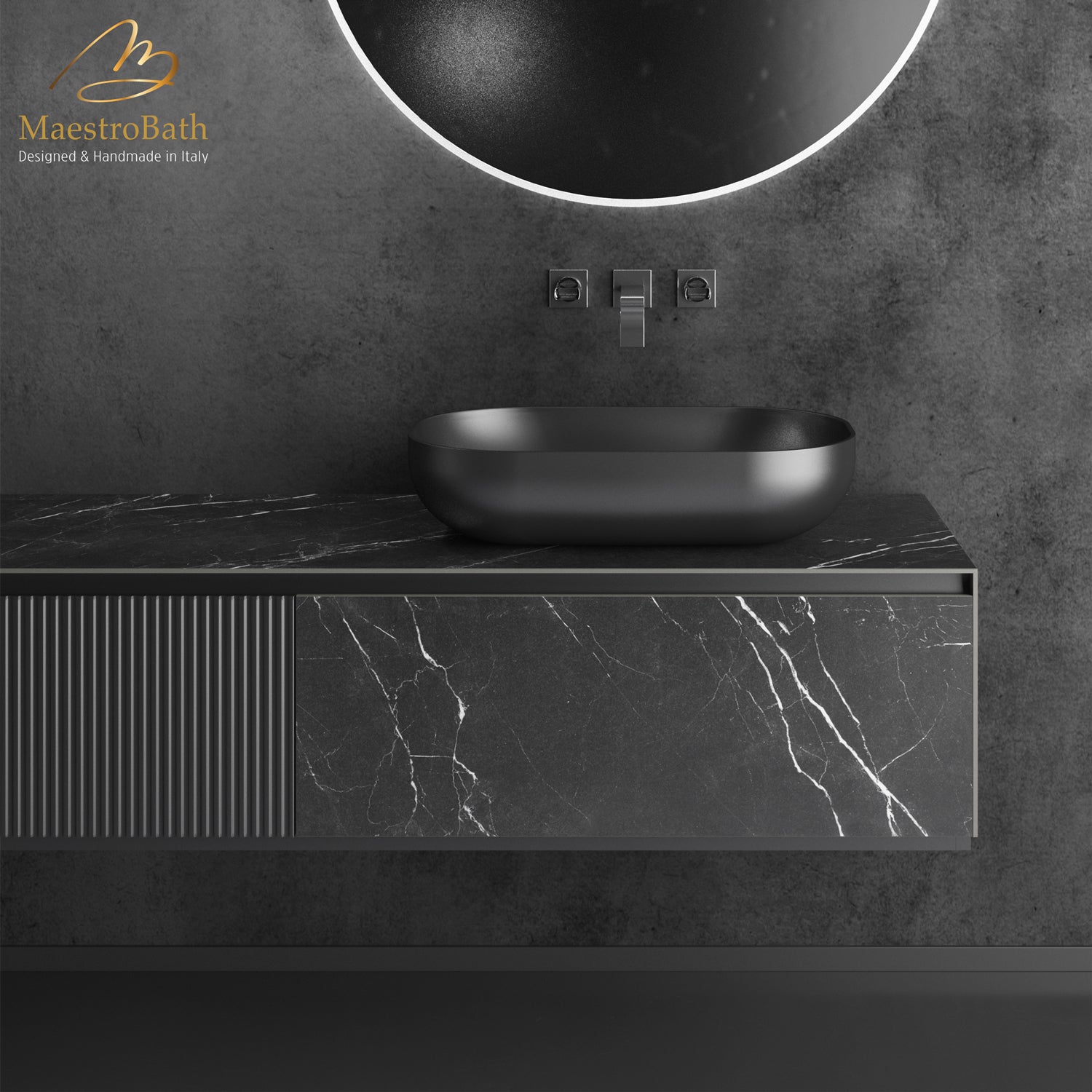 Cosmopolitan Luxury Wallmount Bathroom Vanity | Black Marquinia